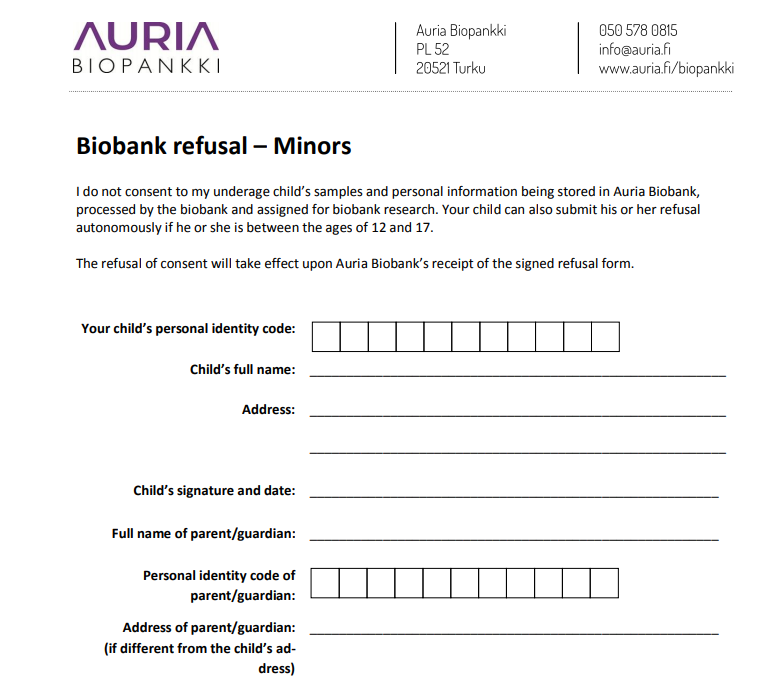 Auria Biobank - Biobank consent and refusal of those aged under 18